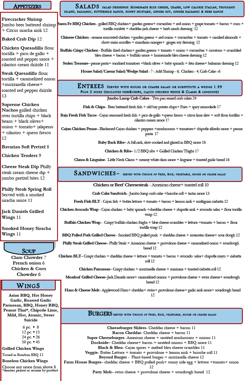Food Menu at Flanigan’s Boathouse in Conshohocken, PA